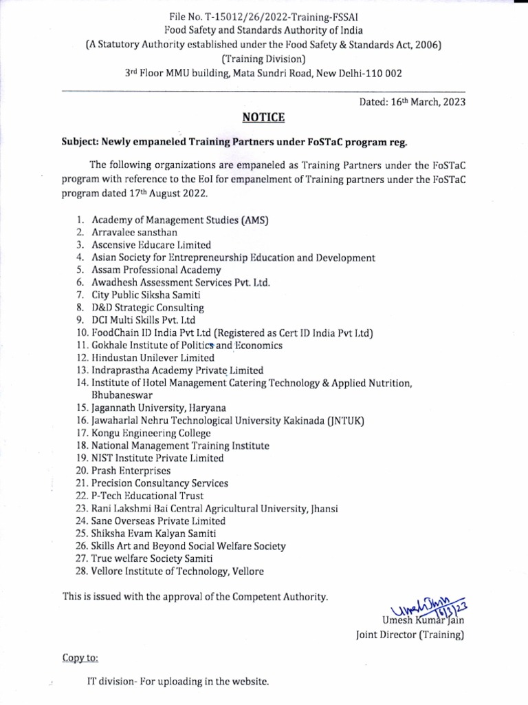 NOTICE-Newly Empanelled Training Partners Under FoSTaC Program | PDF