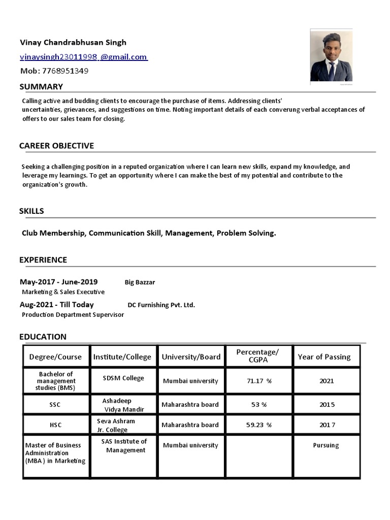 Vinay Singh CV | PDF | Cognition | Cognitive Science