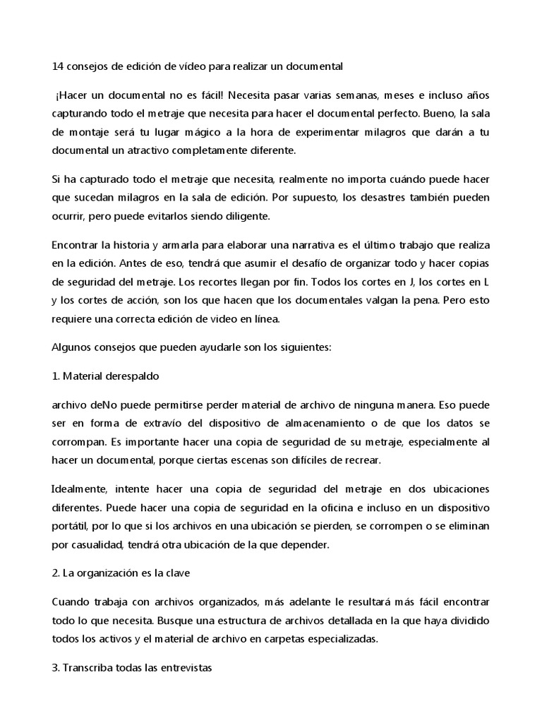 14 Consejos para Editar Documentales | PDF | Apoyo | Documental