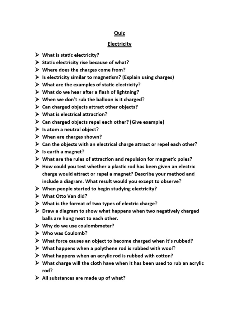 Electricity Quiz!! | PDF | Electric Charge | Series And Parallel Circuits