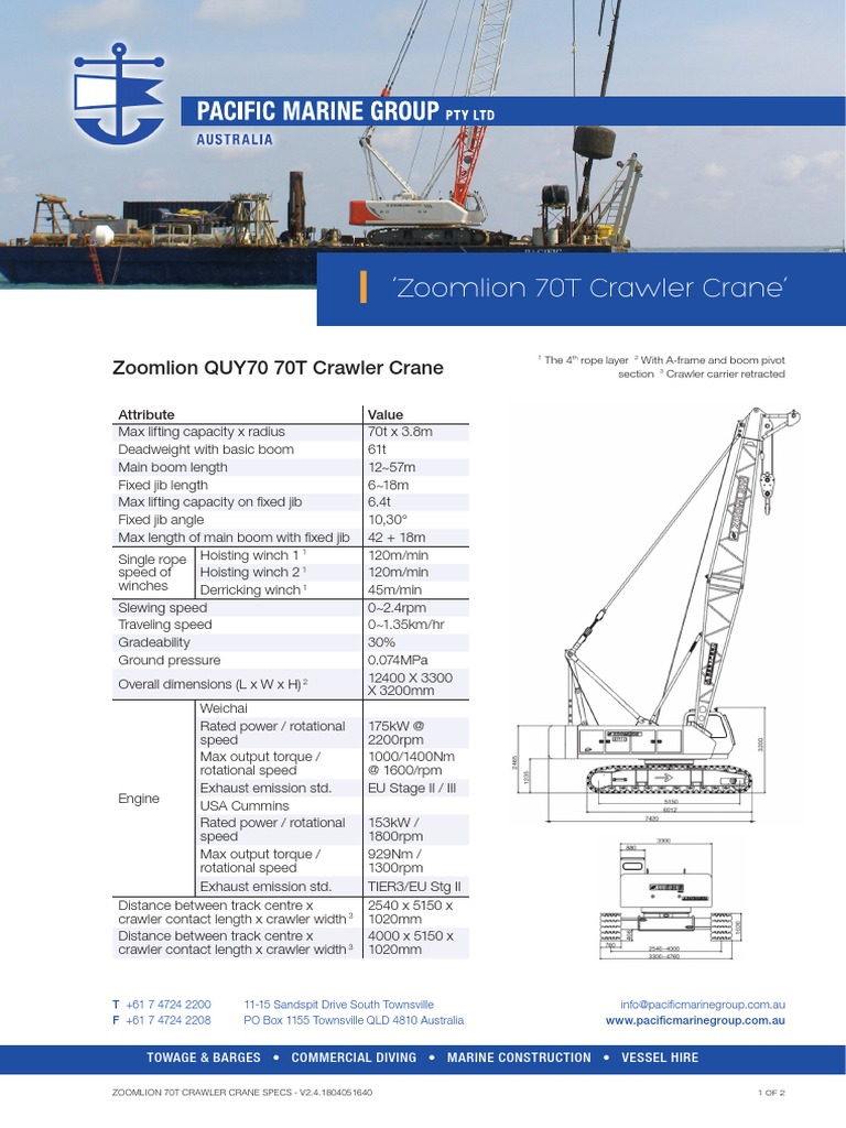 Zoomlion 70T Crawler Crane Specs | PDF | Crane (Machine) | Speed