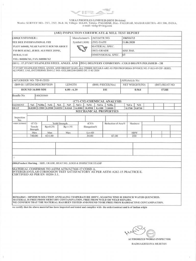 SS 316L 16mm Round Bar MTC | PDF