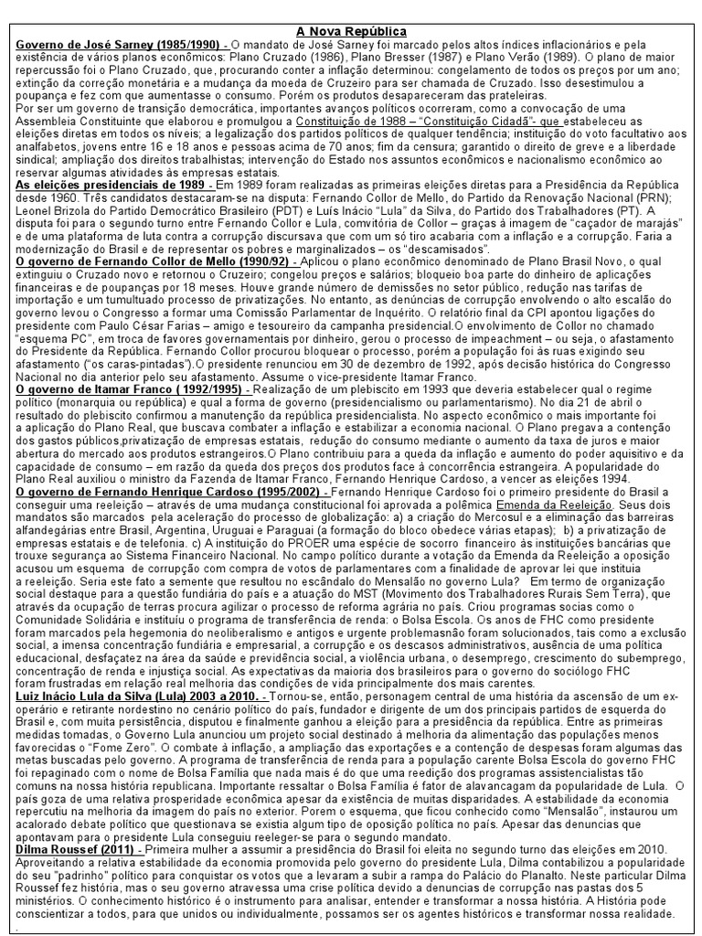 Atividades Nova República Brasil | PDF | Luiz Inácio Lula da Silva | Brasil