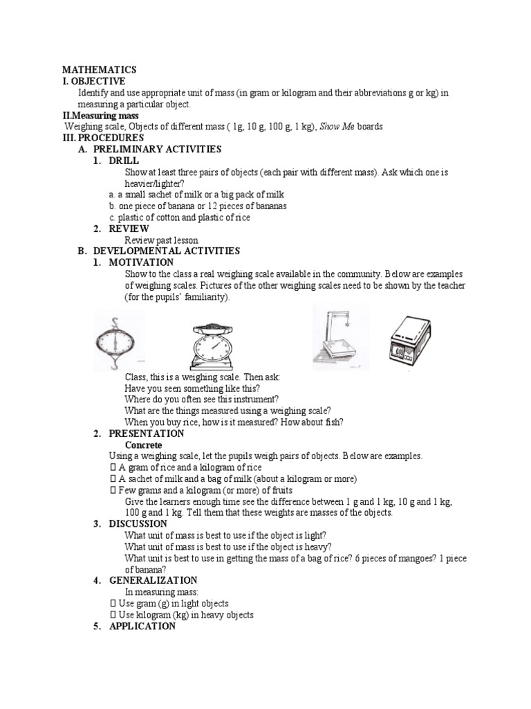 Lesson Plan in Math | PDF | Weight | Weighing Scale