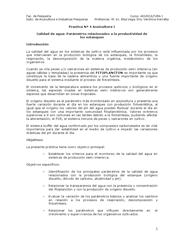 Practica #4 Calidad de Agua, Parámetros de La Produc | PDF | Ciencia y matemática | Tecnología e ...