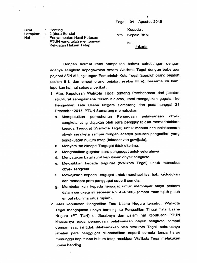 SURAT KEPALA BKN NOMOR K.26-30 Kol.46-7 50 - TINDAK LANJUT HASIL PUTUSAN PTUN | PDF
