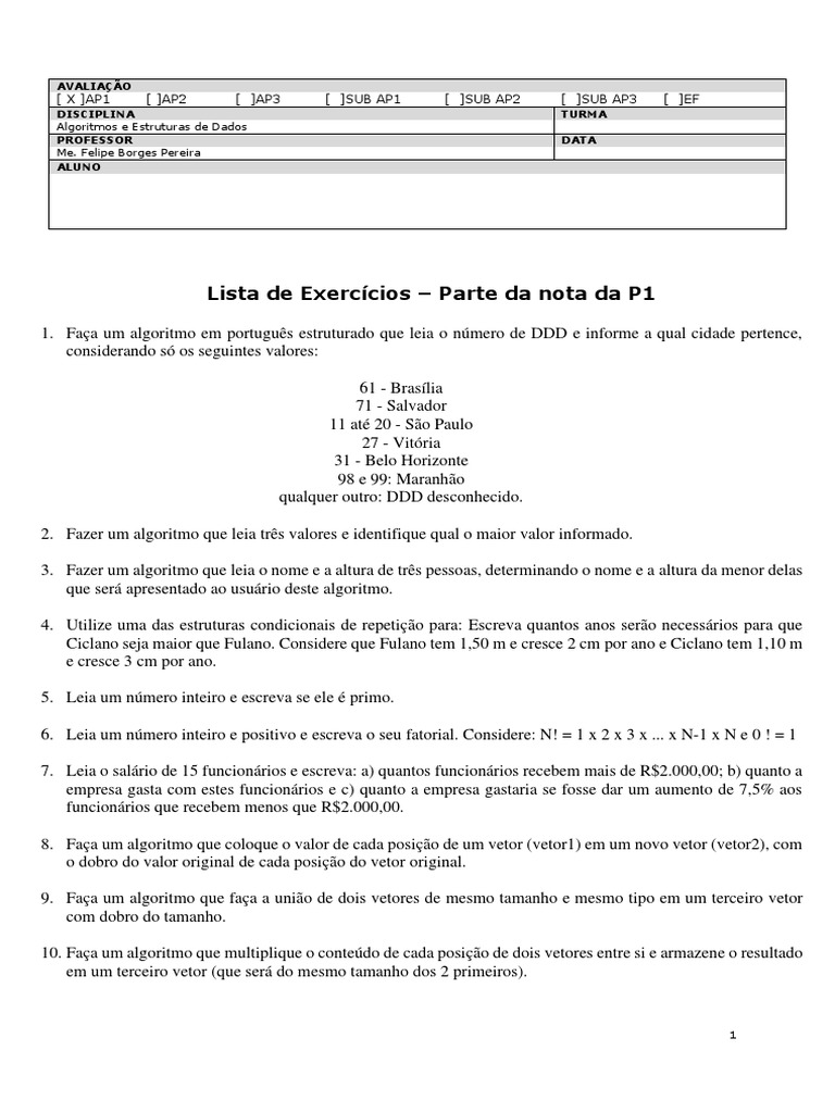 Atividade 2 P1 Lista De Exerccios Algoritmos E Estruturas De