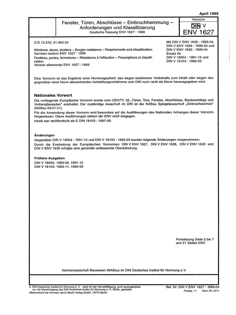 Din V Env 1627 1999-04 | PDF