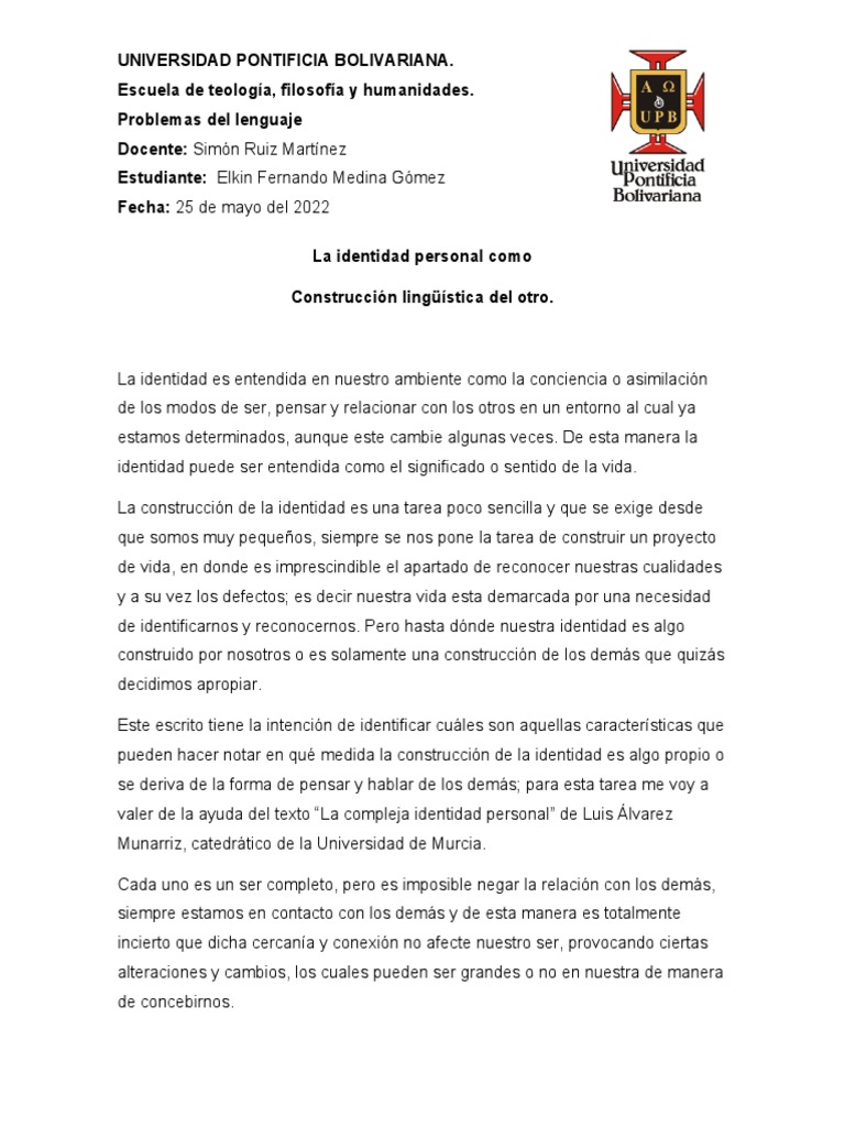 La Identidad Personal Ensayo Final | PDF | Pensamiento | Conceptos psicologicos