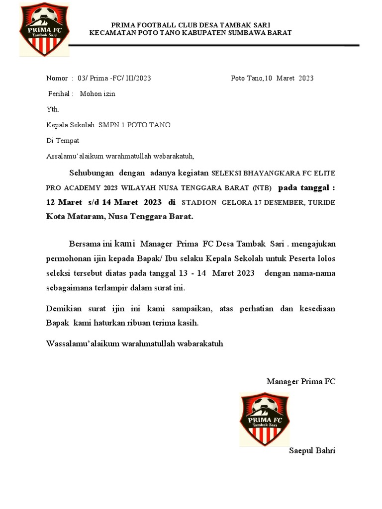 SURAT IZIN SEKOLAH Seleksi Bhayangkara FC | PDF