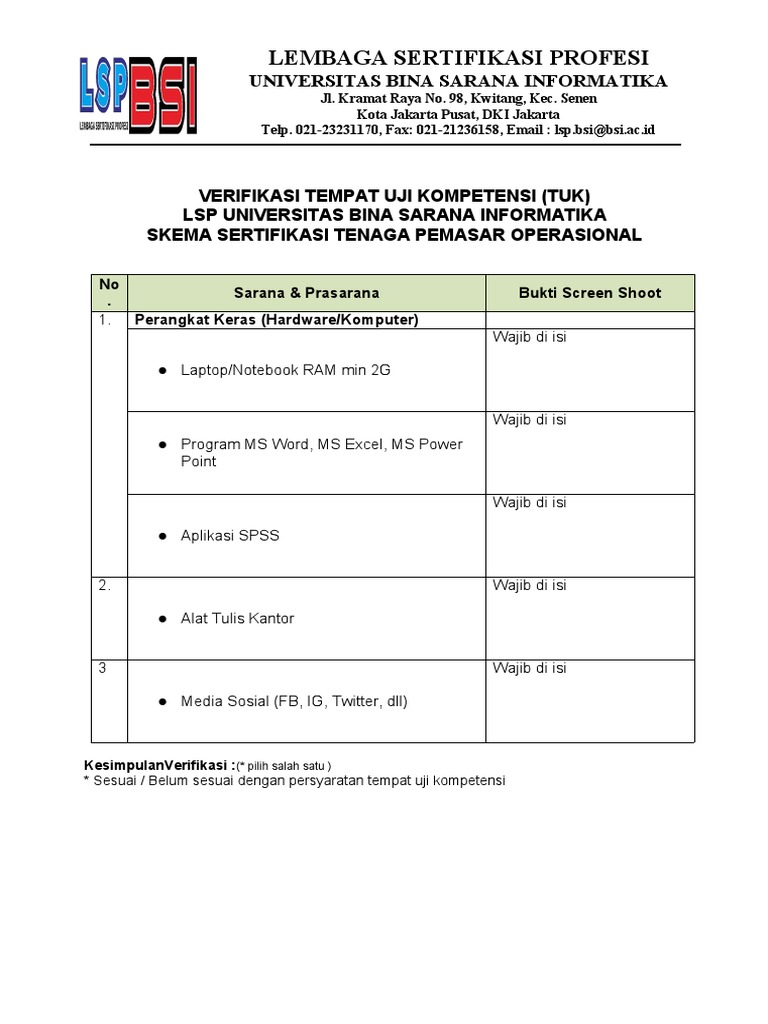 Lembar Verifikasi TUK Skema Tenaga Pemasar Operasional | PDF