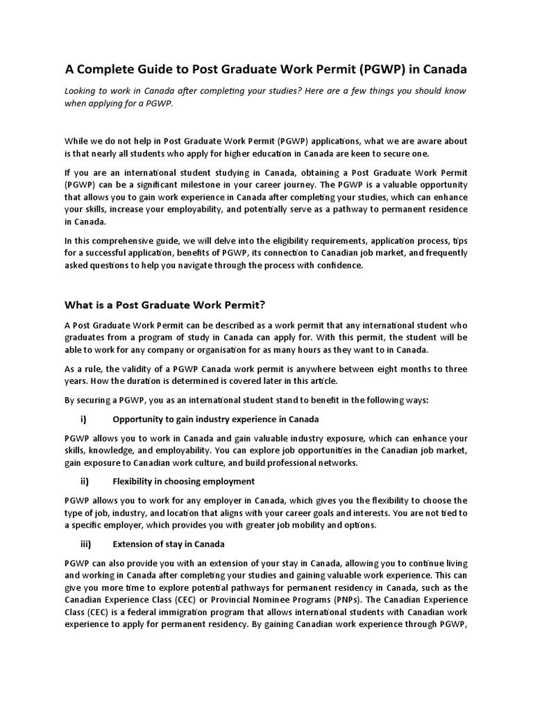 A Complete Guide To Post Graduate Work Permit (PGWP) in Canada | PDF