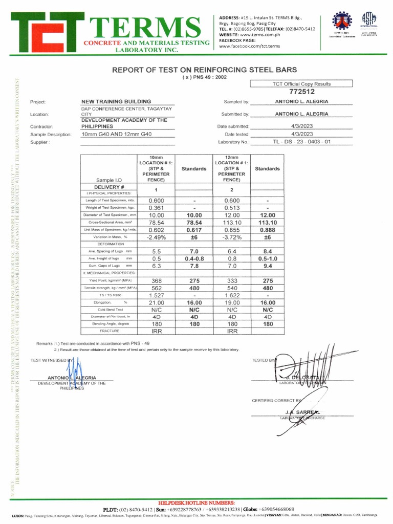 Test Result Re Exposed Rebars at NTB | PDF