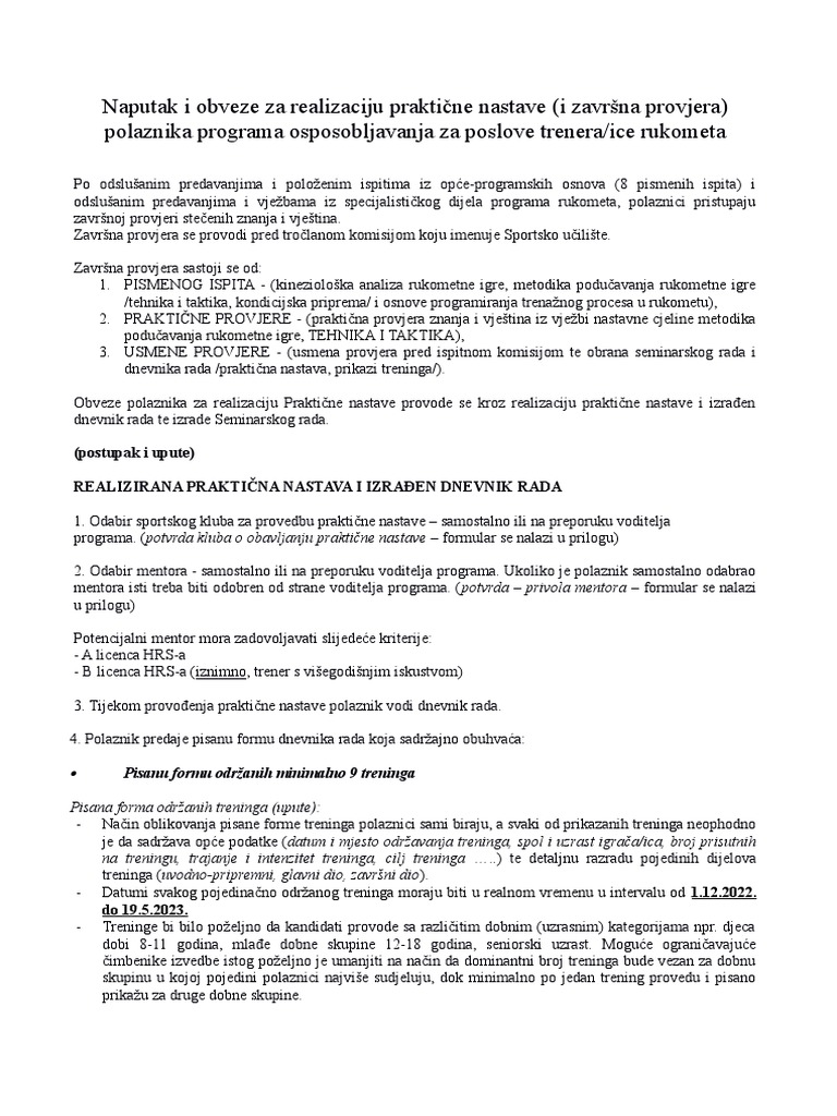 Naputak I Obveze Za Realizaciju Praktične Nastave (I Završna Provjera) Polaznika Programa ...