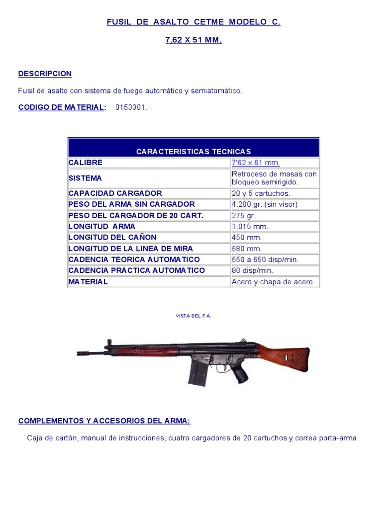 Fusil de Asalto CETME Modelo C: Especificaciones | PDF