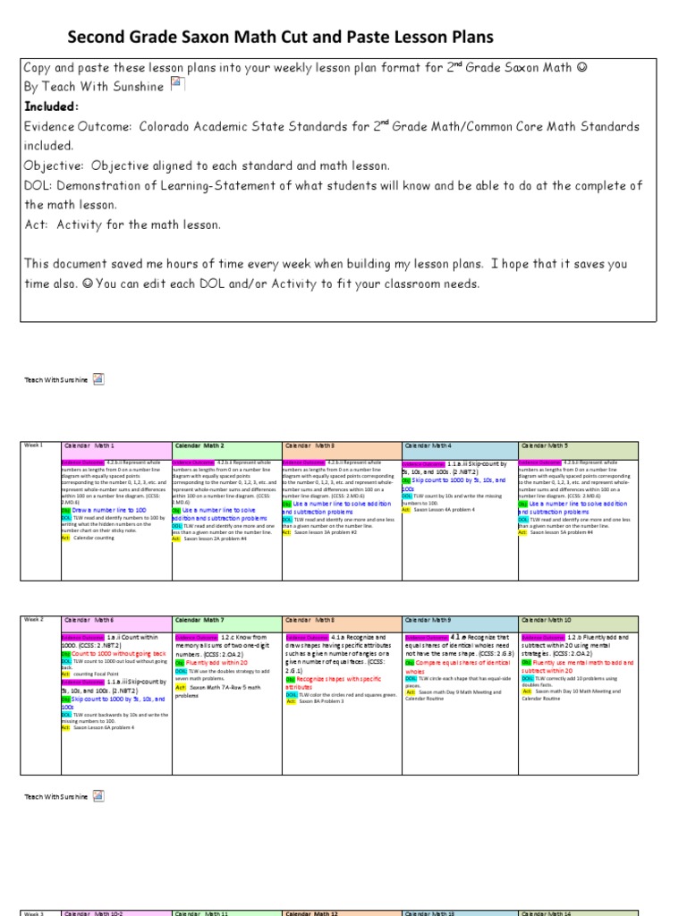Second Grade Saxon Math Cut and Paste Lesson Plans: Included | PDF ...