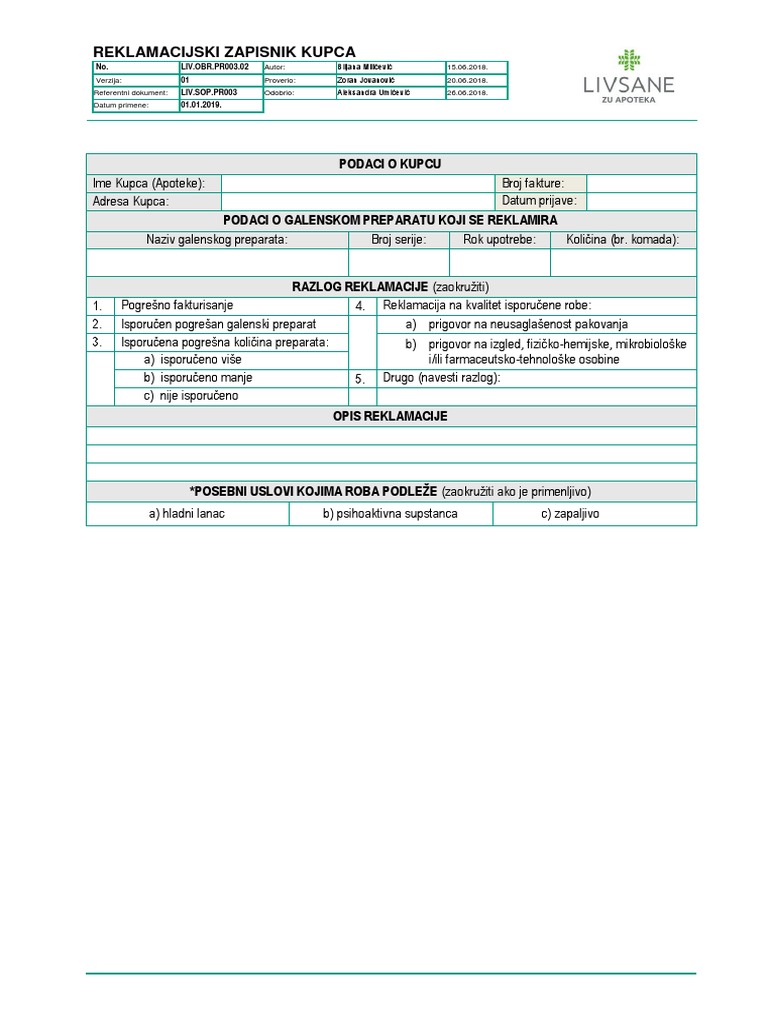 LIVSANE Reklamacijski Zapisnik Kupca | PDF
