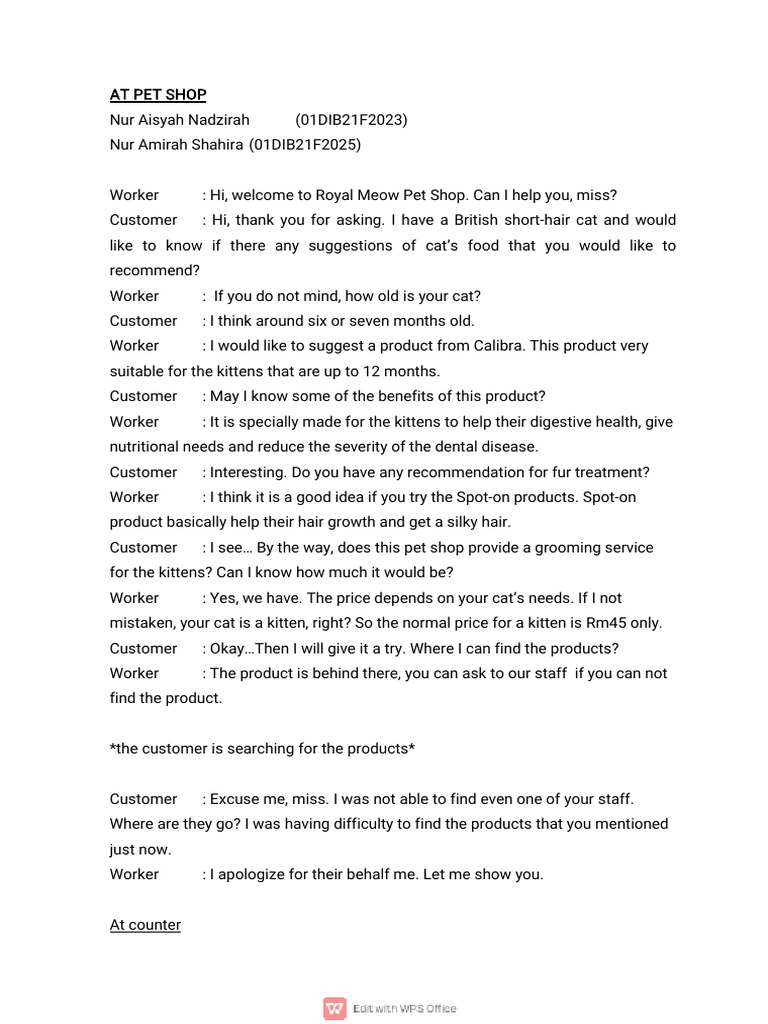 AT PET SHOP Script | PDF | Cats | Kitten