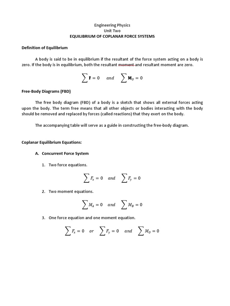 Equilibrium of Coplanar Force Systems | PDF | Force | Weight