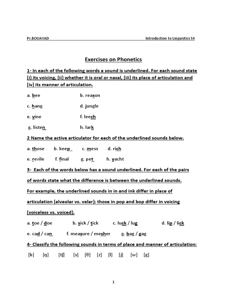 Introduction to Linguistics Phonetics Exercises | PDF