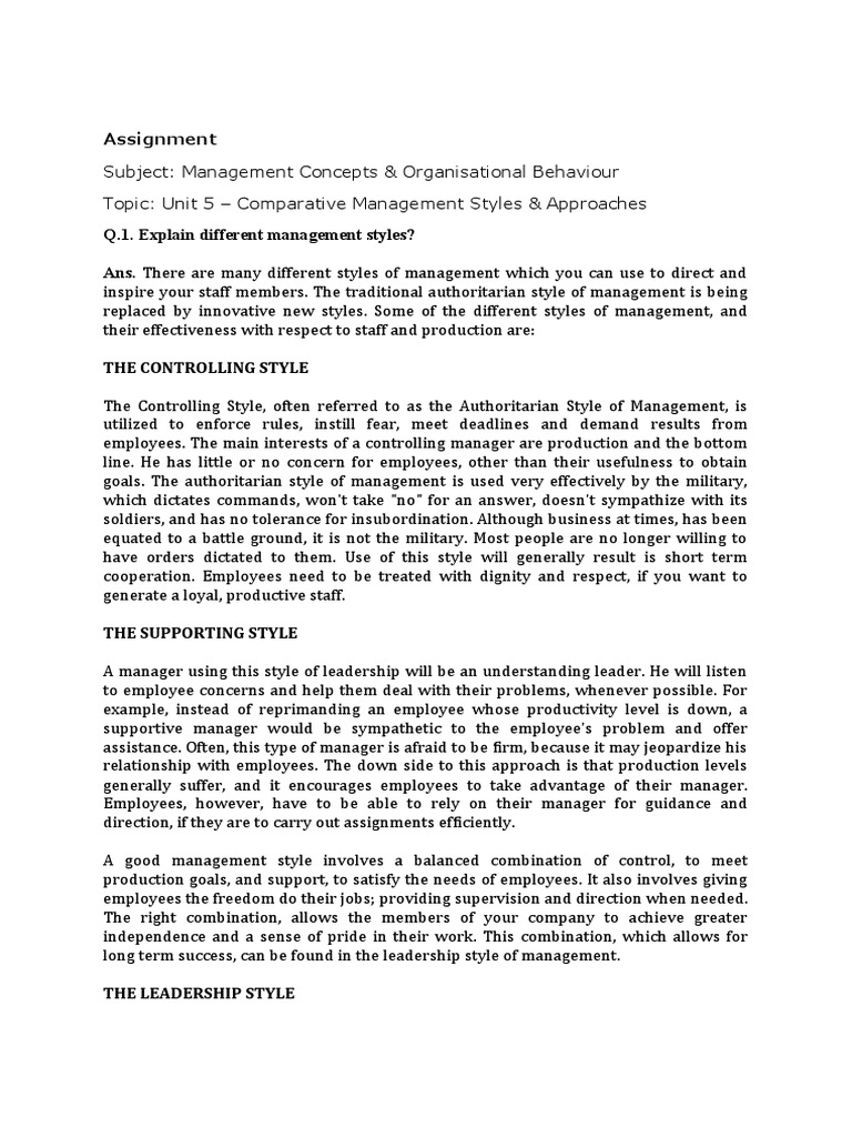 Comparative Management Styles Approaches - Assignment | PDF
