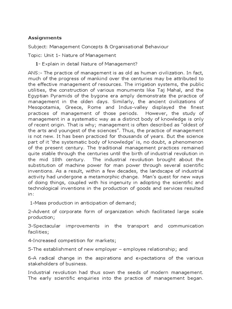 Unit-1 Nature of Management - Assignments | PDF