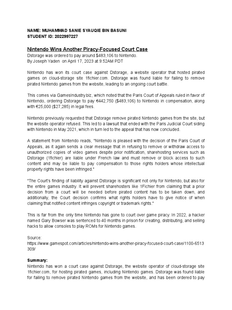 Nintendo Prevails in Dstorage Piracy Case | PDF | Copyright ...