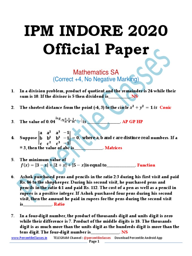 IPM Indore 2020 Original Paper With Answer Key | Download Free PDF ...