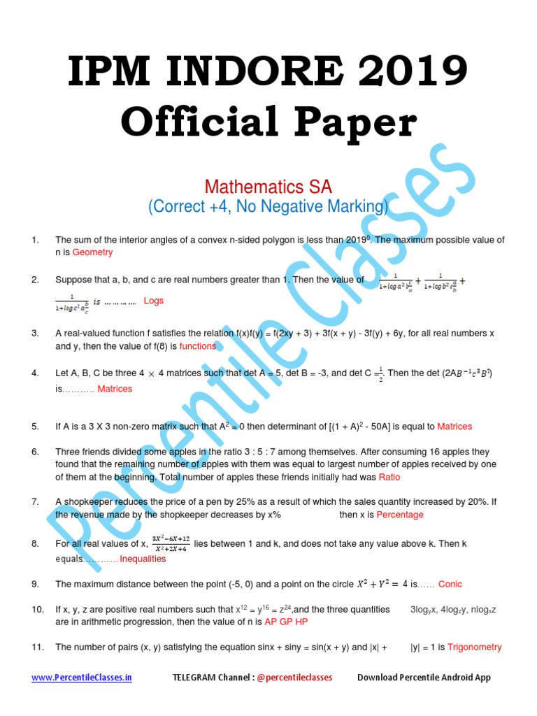 IPM Indore 2019 Original Question Paper Answer Key | PDF | Circle | Gender