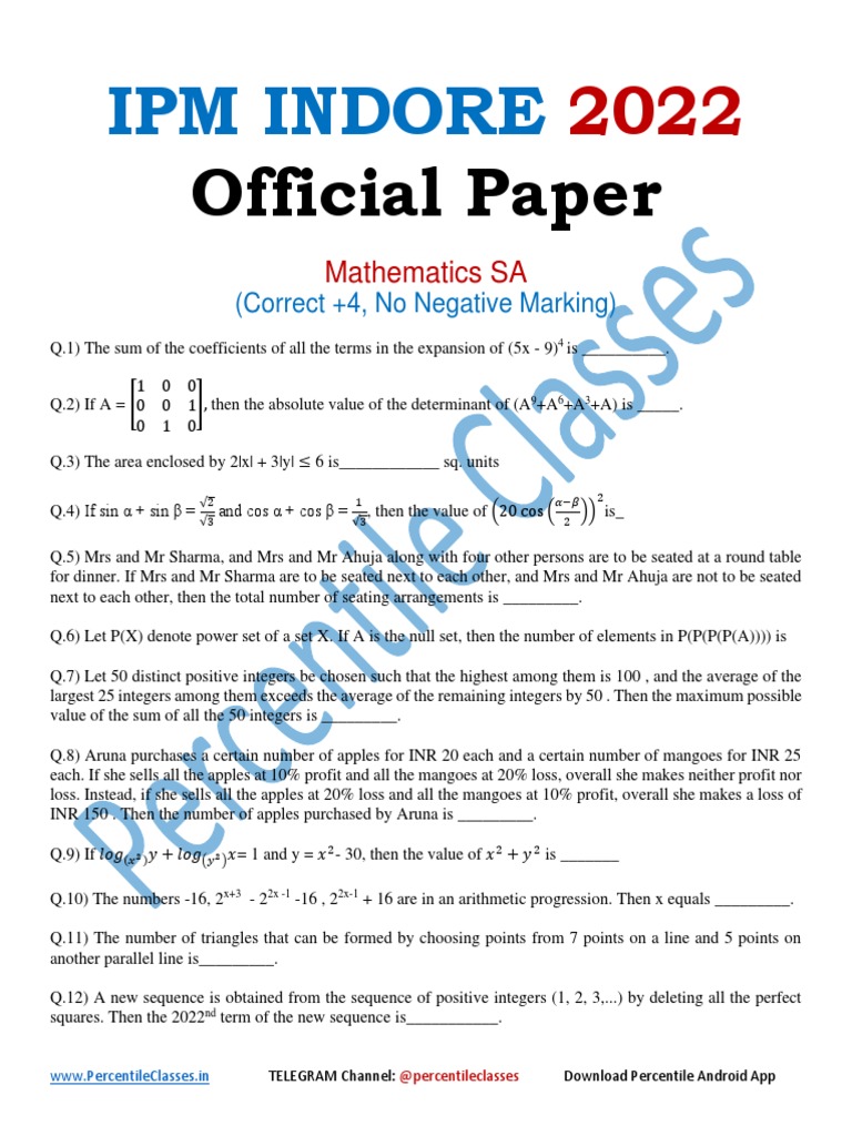 IPM Indore 2022 Original Paper With Answer Key | PDF | Vaccination ...