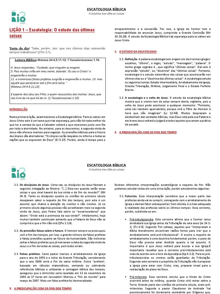 L1 - Escatologia O Estudo Das Últimas Coisas | PDF | Escatologia | Arrebatamento cristão