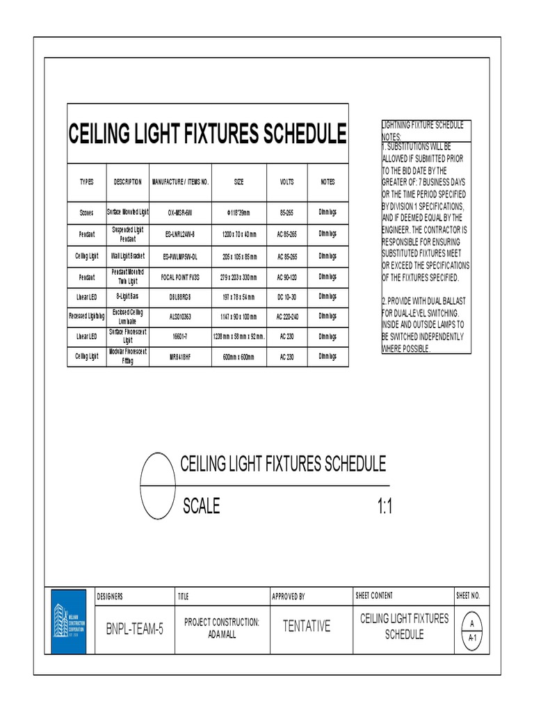 Ceiling Light Fixture Schedule - Bnpl-Team-5 | PDF | Fluorescent Lamp ...