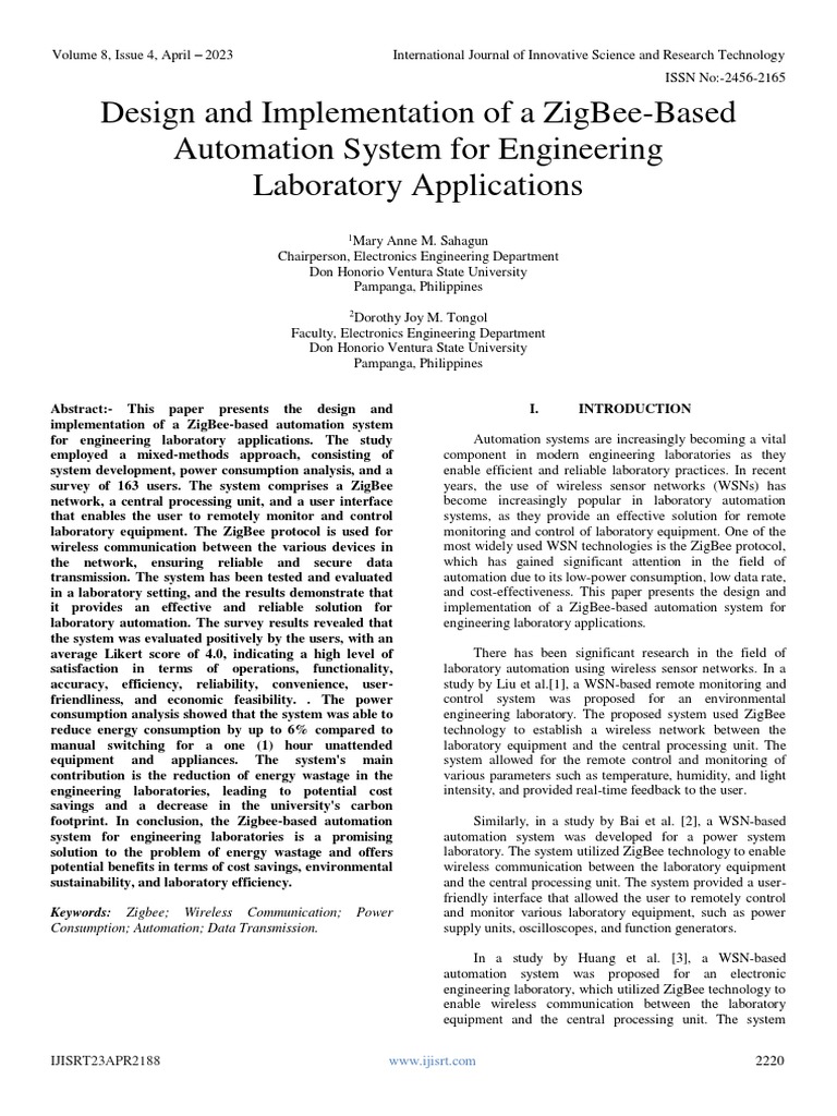 Design And Implementation Of A Zigbee Based Automation System For Engineering Laboratory