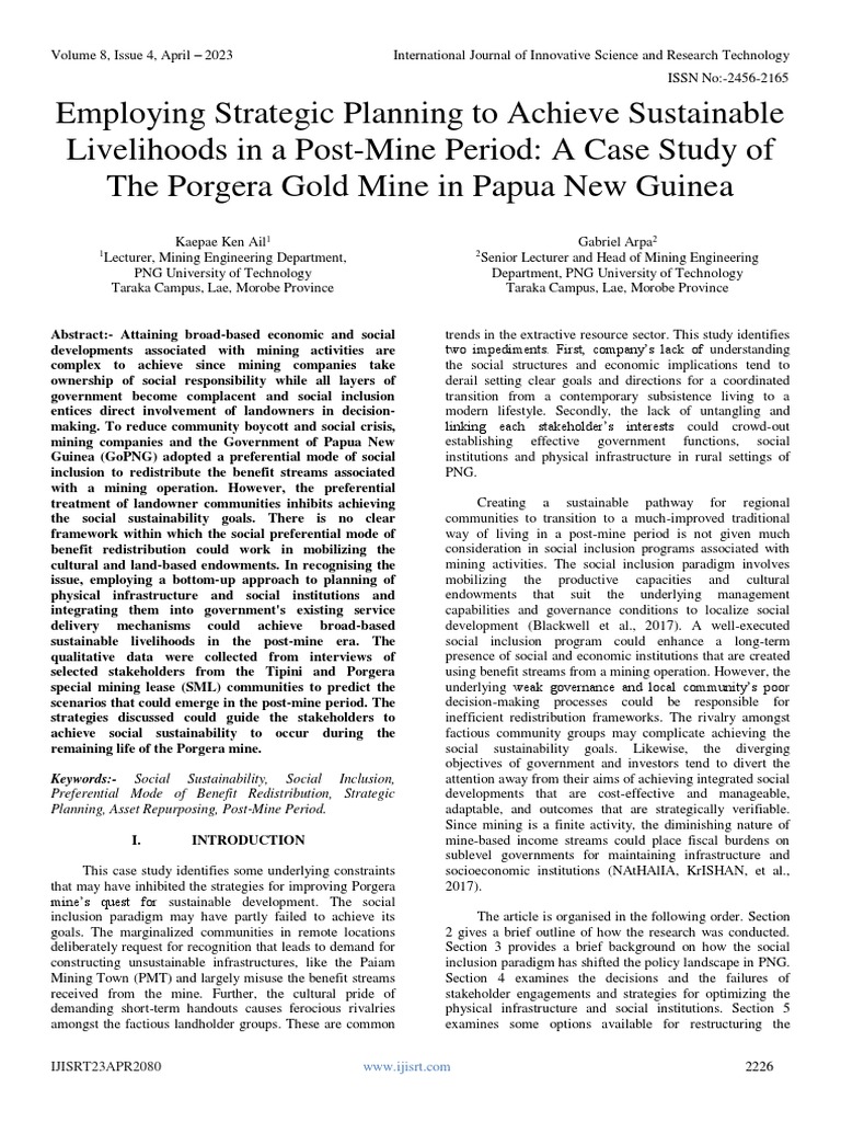 Employing Strategic Planning To Achieve Sustainable Livelihoods in A Post-Mine Period A Case ...