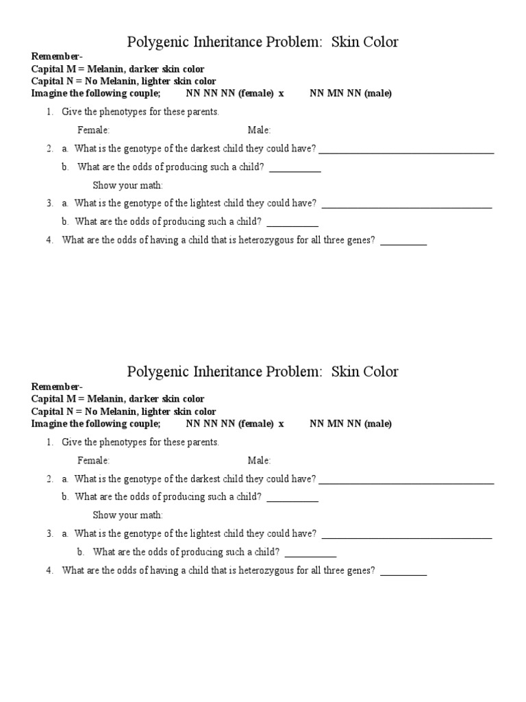 Polygenic Inheritance Genetics Problems (Skin Color) | PDF