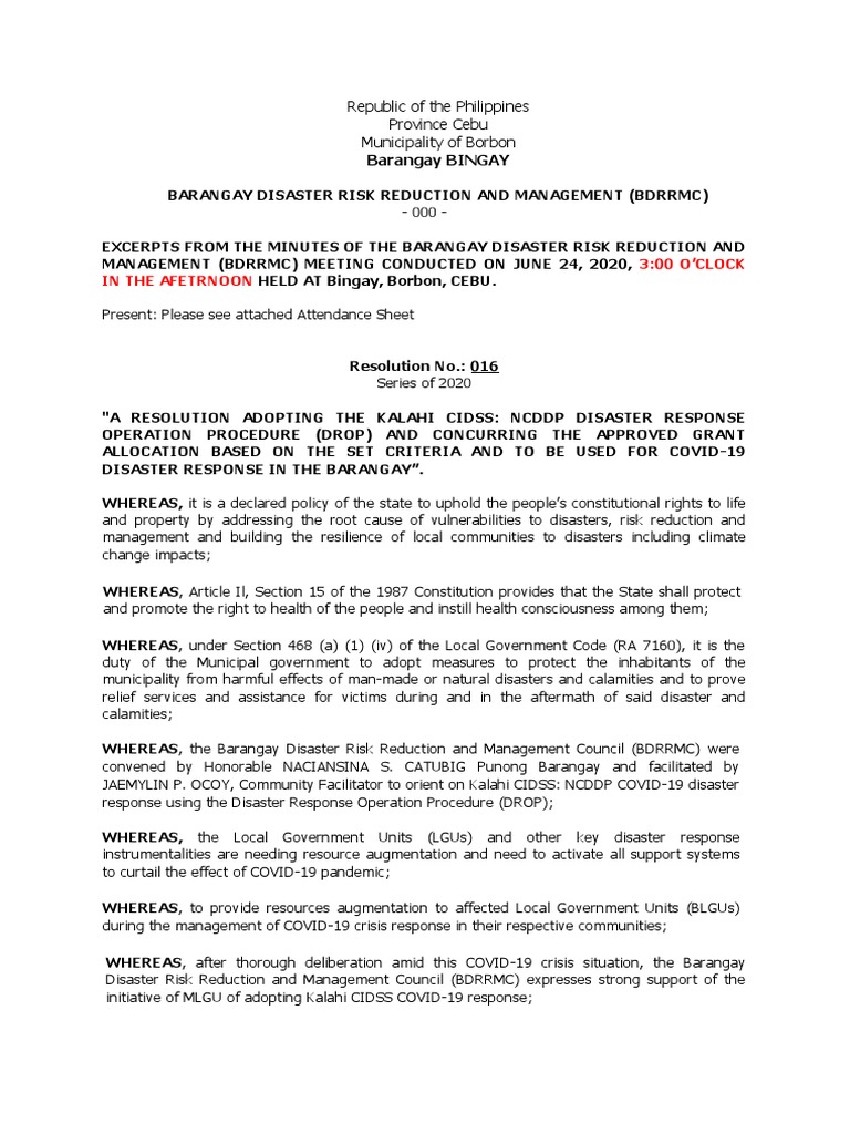 016-2020 KALAHI BDRRMC Resolution Adopting DROP & Concurring BGA | PDF ...
