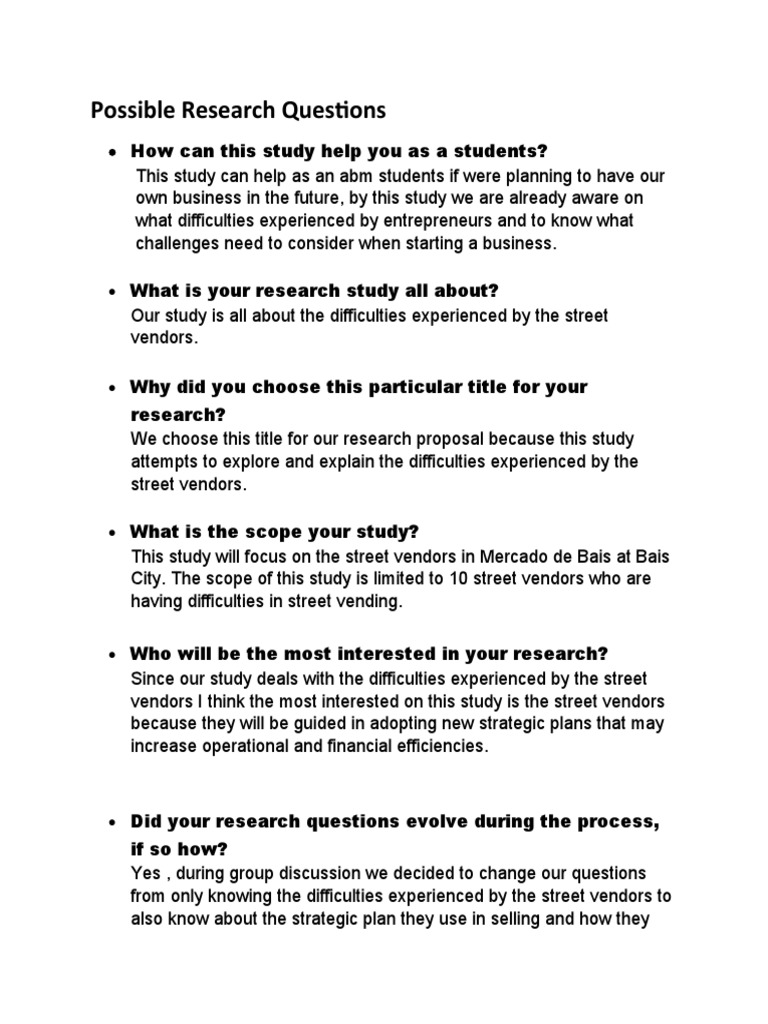 Possible Research Questions | PDF | Methodology | Cognition