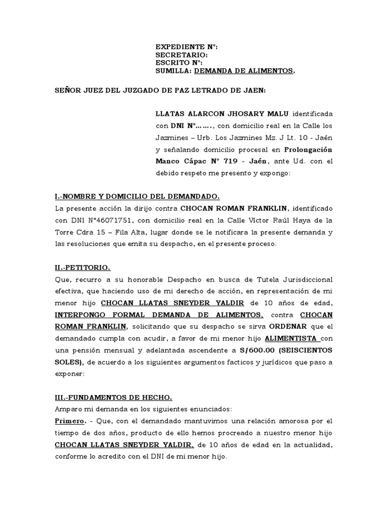 Demanda Alimentos - 01 | PDF | Demanda judicial | Ciencias Políticas