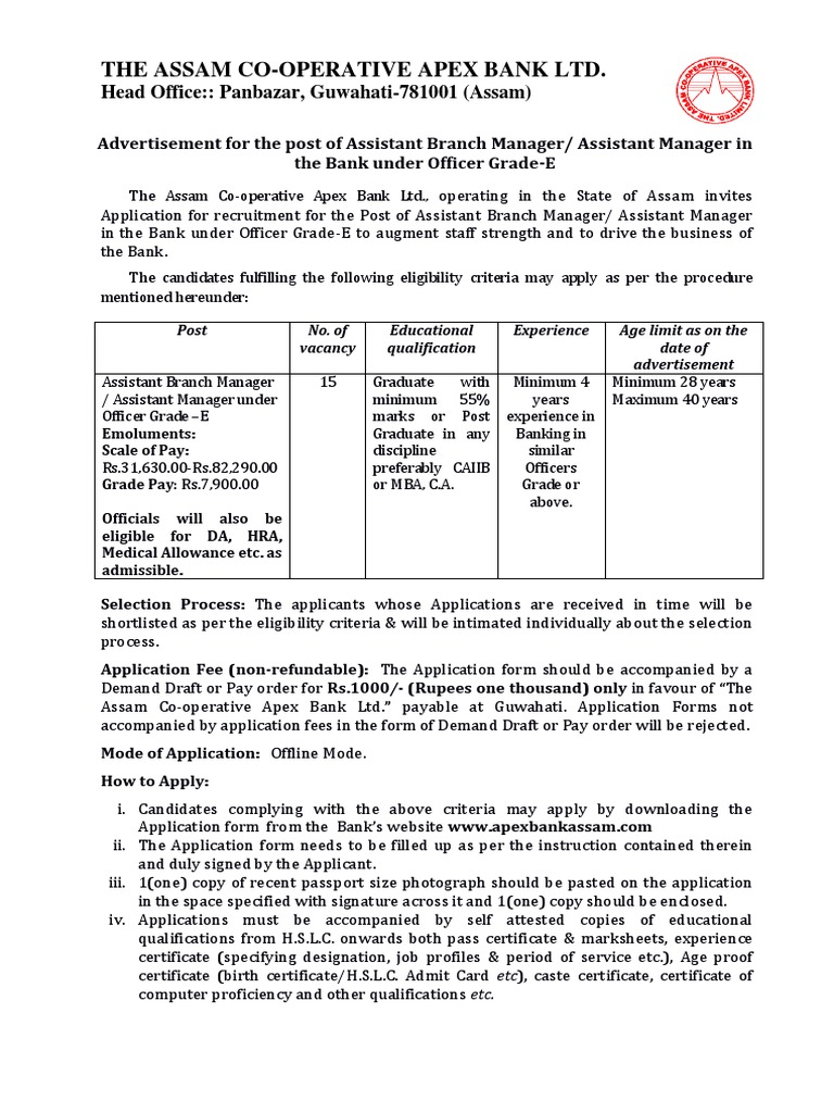 Notification Assam Apex Bank Assistant Branch Manager Assistant Manager ...