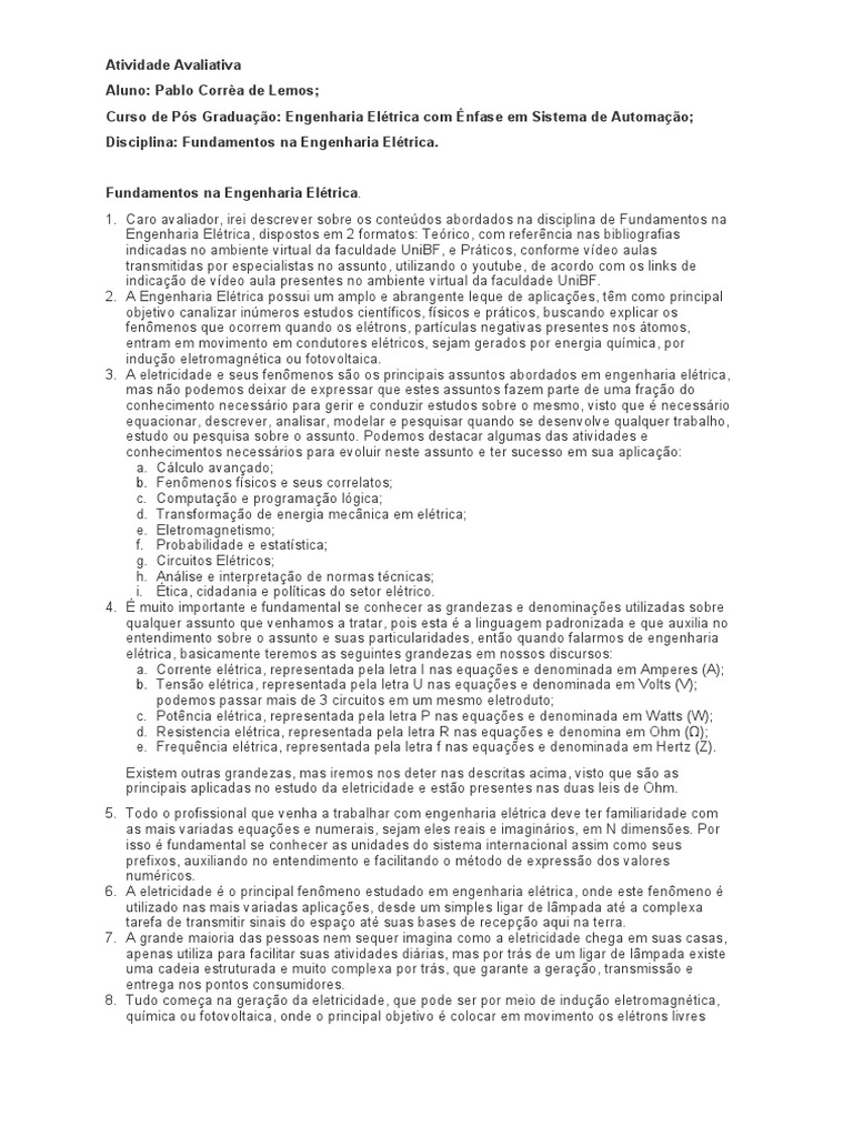 Fundamentos Na Engenharia Elétrica - Pablo Lemos | PDF