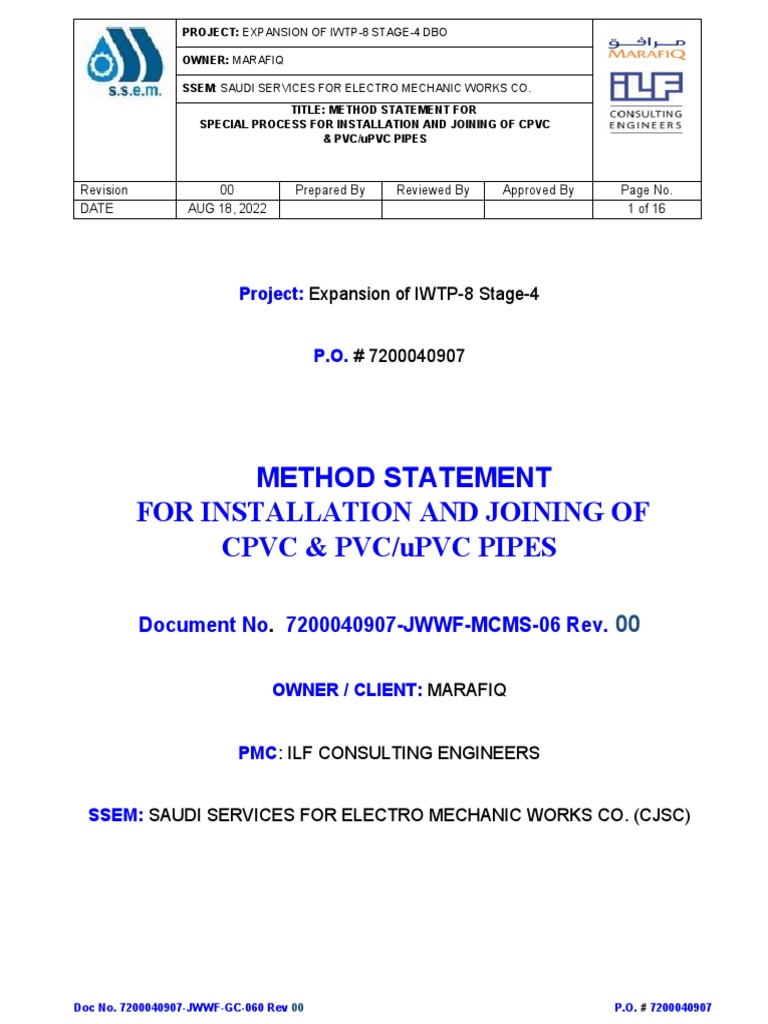 METHOD STATEMENT FOR PVC - Upvc-Cpvc | PDF