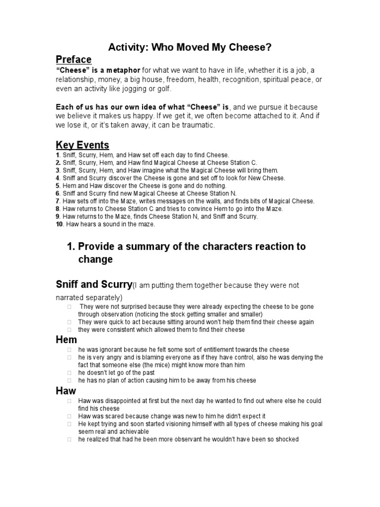 Who Moved My Cheese Activity - Handout | PDF