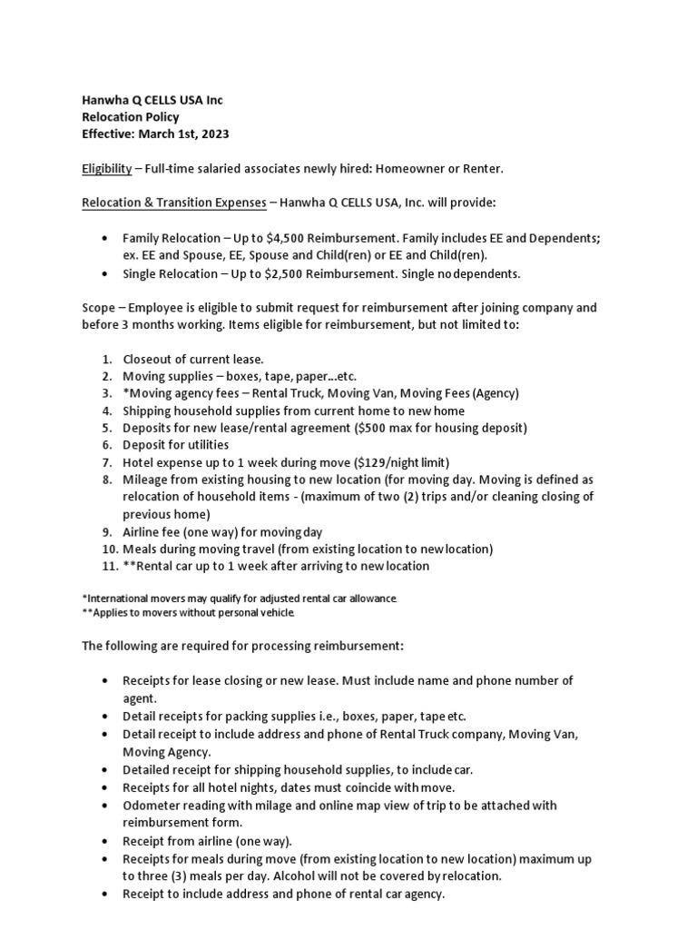 Hanwha Relocation Policy (v2) | PDF | Lease | Renting