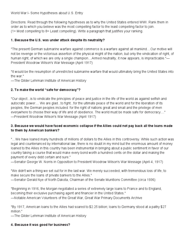 Ranking Activity Template - Reasons US Joined WWI | PDF | Woodrow ...