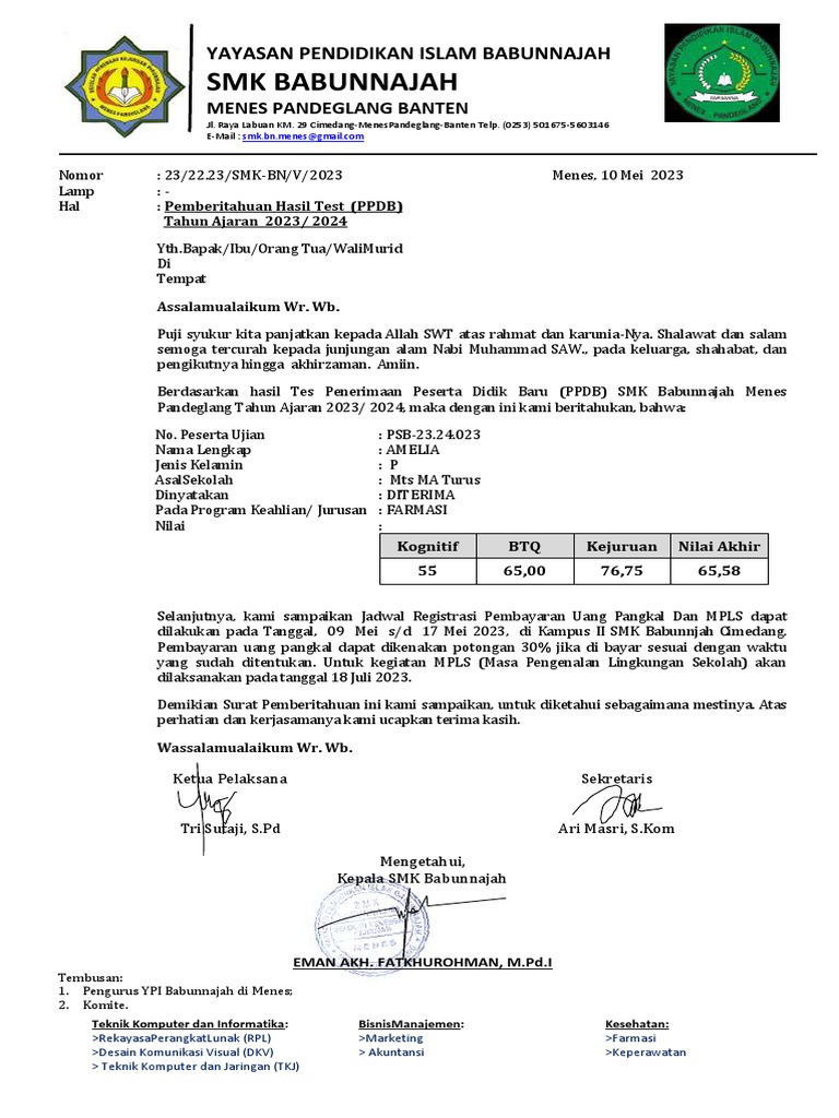 Contoh Surat Hasil Test SMK | PDF