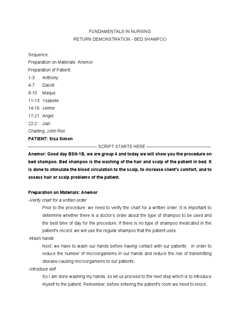 FUNDAMENTALS IN NURSING BED SHAMPOO Script | PDF