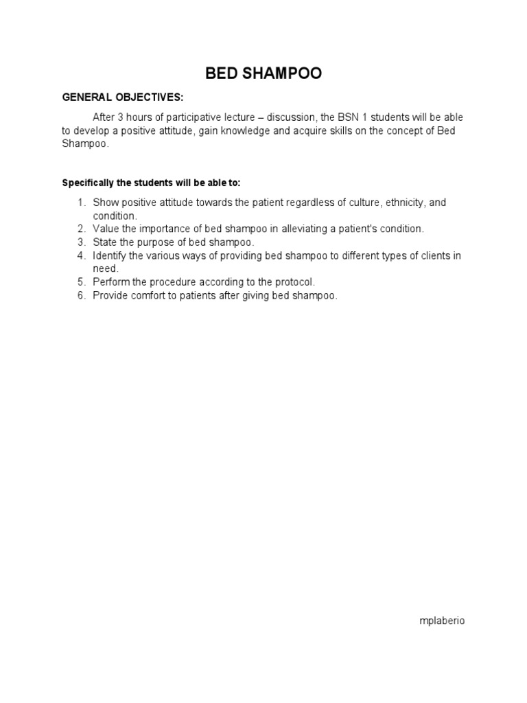 6th Topic A - Bed Shampooing Objectives | PDF