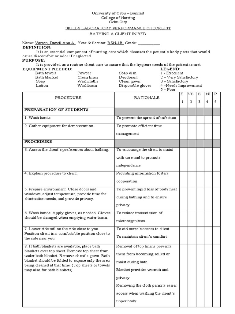 5th Topic B - Bed Bathing Checklist | PDF