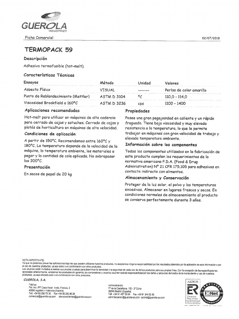 Ficha Tecnica Cola Guerola | PDF