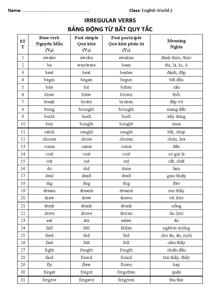 Irregular Verbs - 2 Sides - 20 Ban | PDF